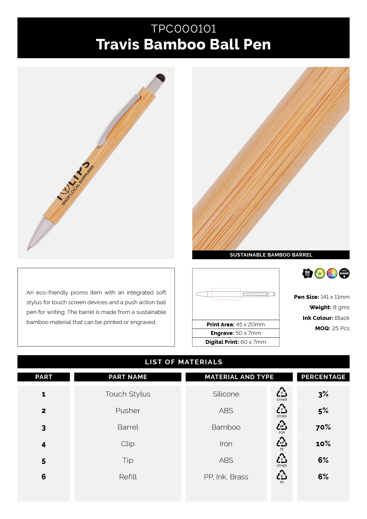 Travis Bamboo Stylus Ball Pen | PCM Embroidery and Print Ltd